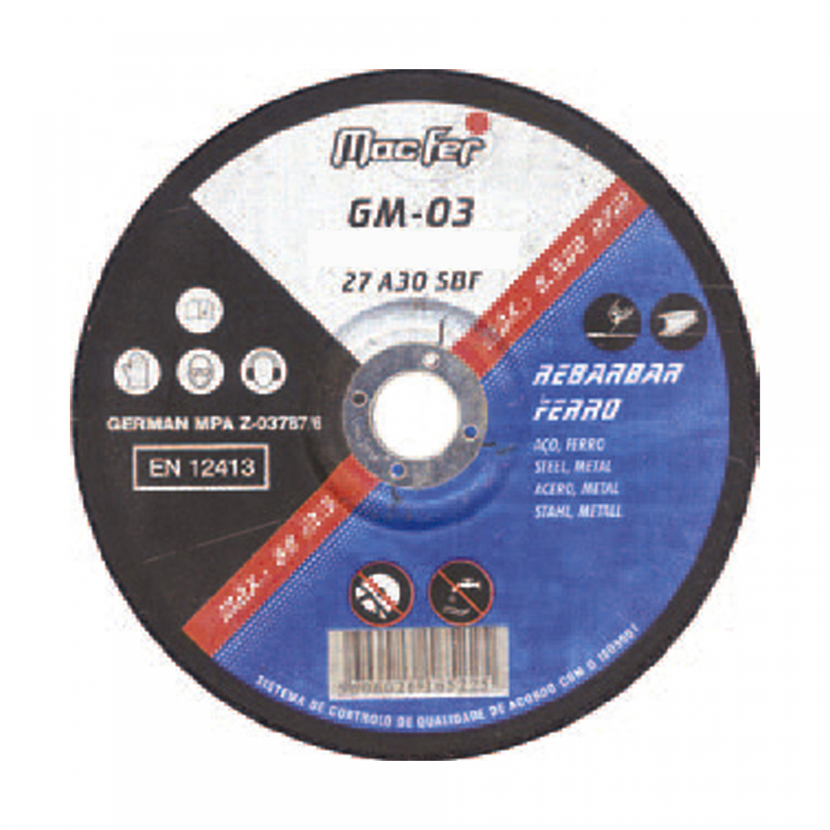 Disco Abrasivo 230x6x22mm Para Rebarbar Ferro Macfer - 094 | Ovarmat